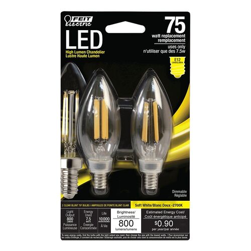 Feit Electric Blunt Tip E12 (Candelabra) LED Bulb Soft White 75 Watt ...
