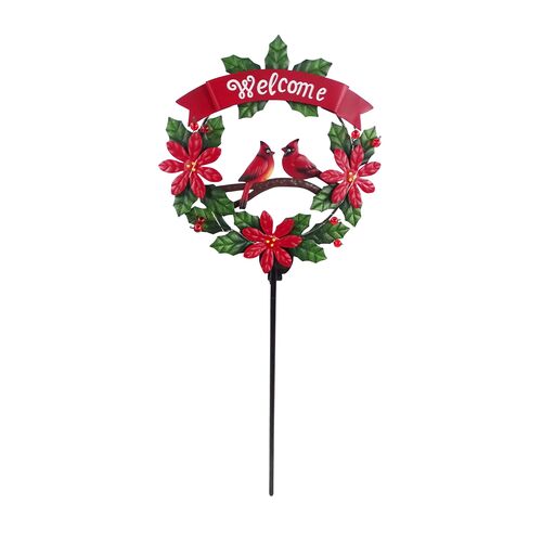 Alpine Corporation Christmas Cardinal Wreath Solar Stake with Light
