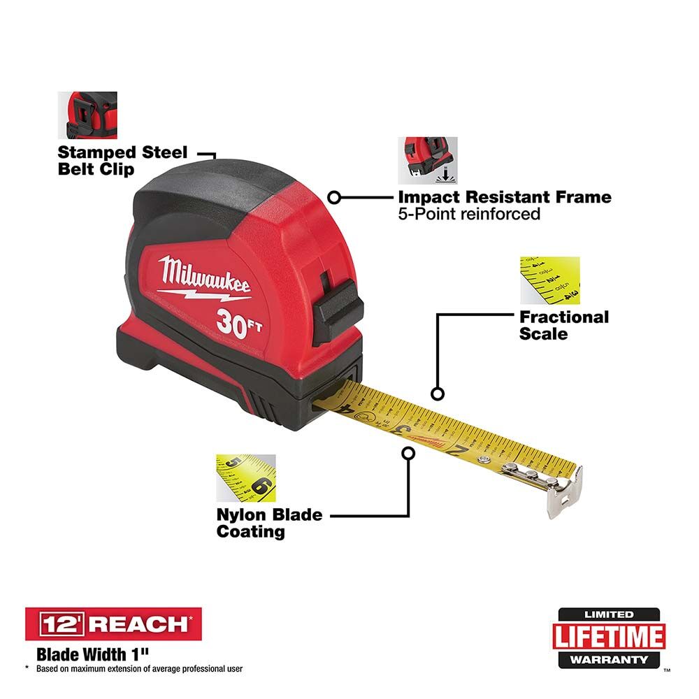 Milwaukee Compact Tape Measure with 19mm Wide Blade