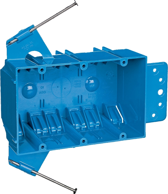 3-Gang Blue Non-Metallic Outlet Box w/ Nails & Bracket Support - 44 cu.in.
